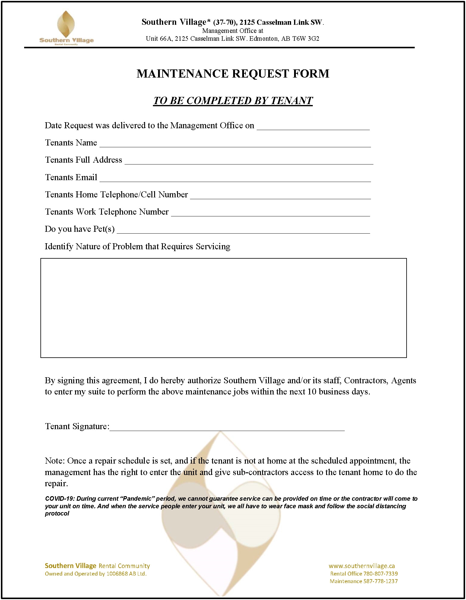 Customer Service & Maintenance Request | Southern Village Rental Community